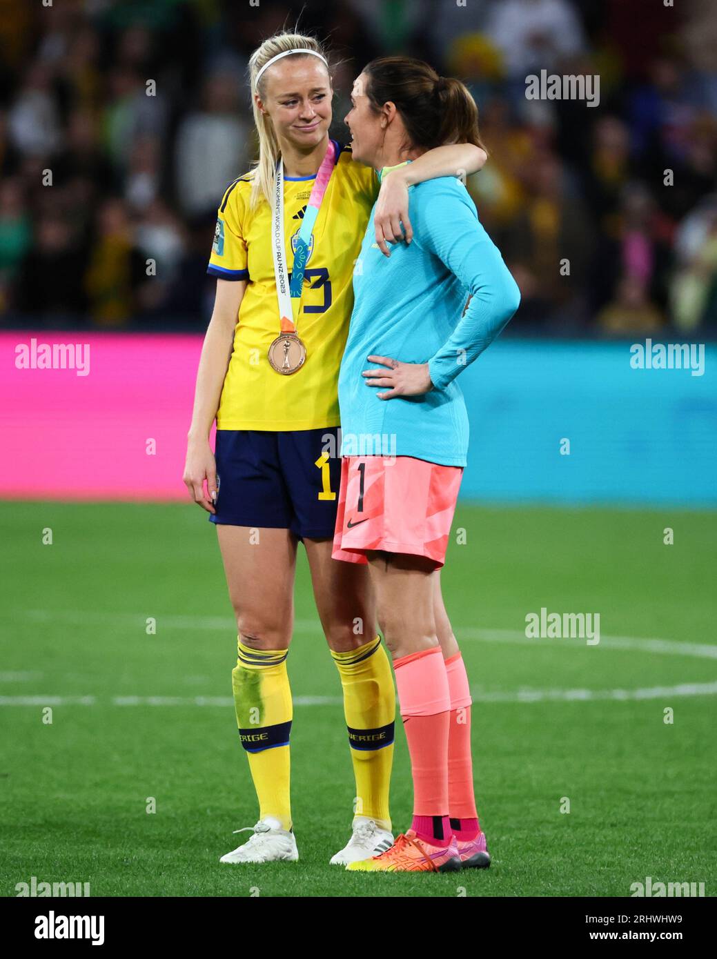 Sweden's Amanda Ilestedt embraces teammate goalkeeper Zecira Musovic ...