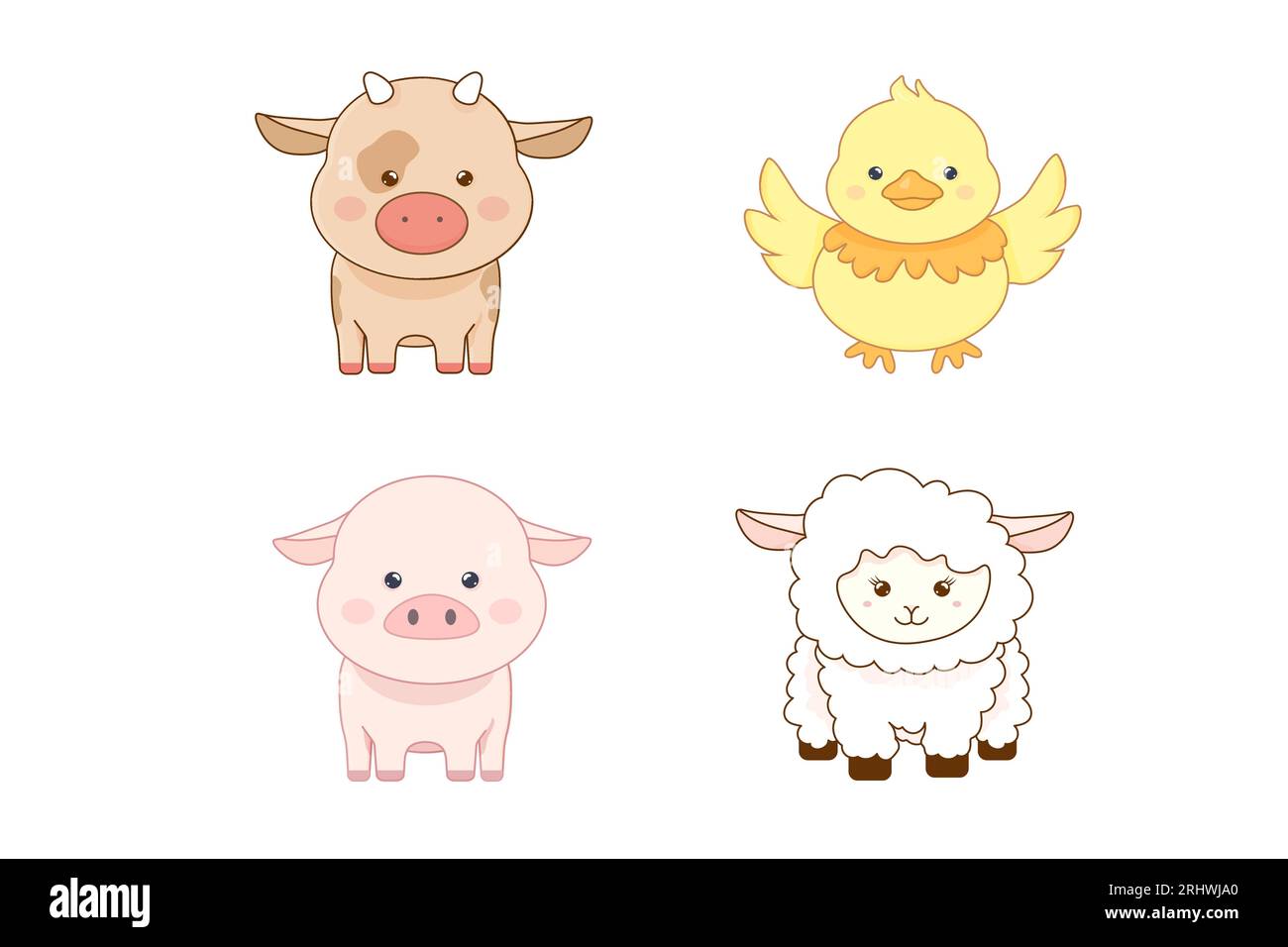 cute kawaii animals clip art chicken, cow, pig, sheep, white isolated ...