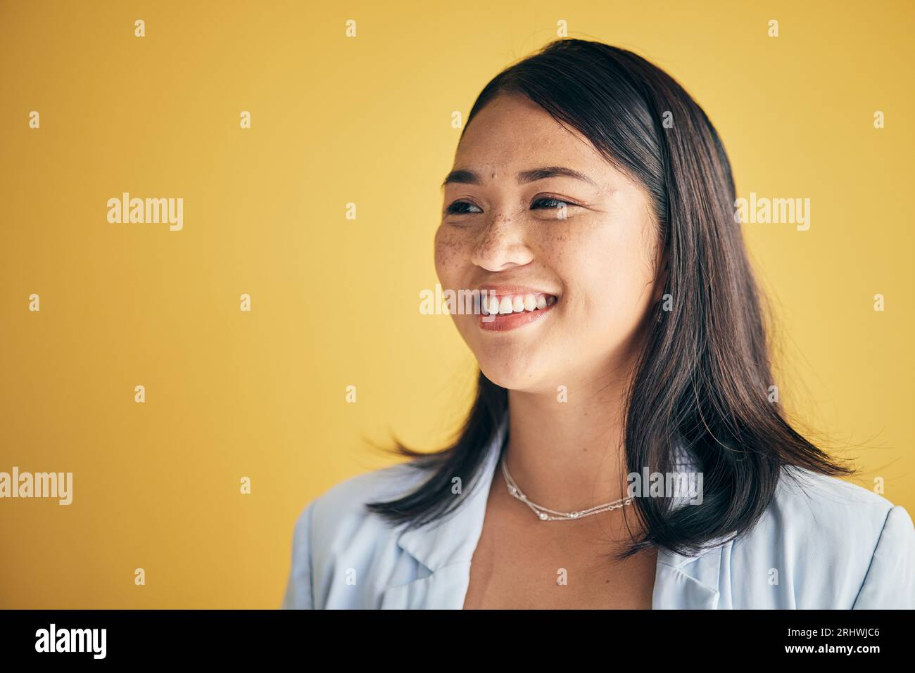 Thinking, smile and Asian woman in creative business studio isolated on ...