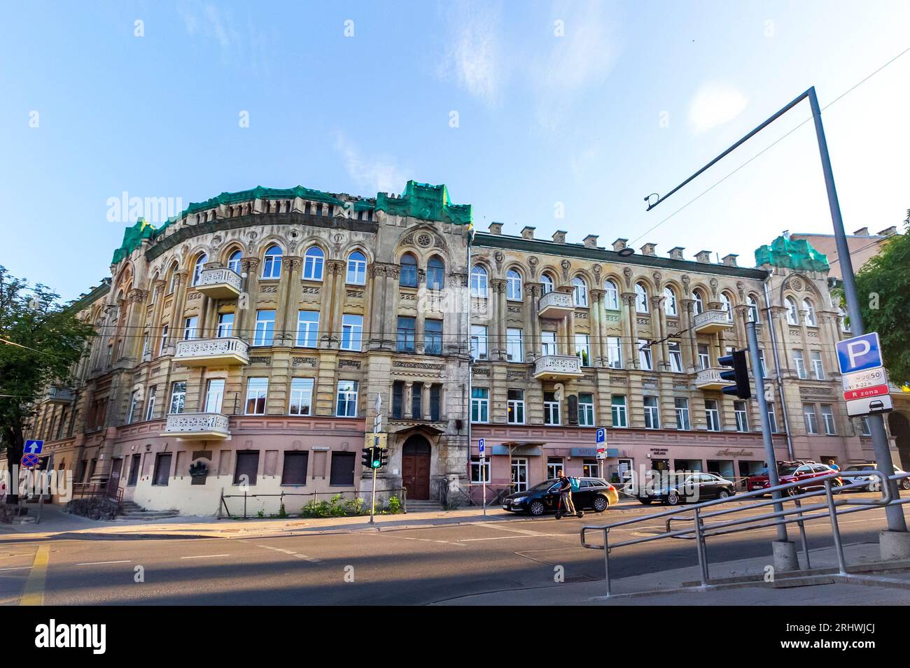 Vilnius, Lithuania, June 13, 2023. Historic building at the corner of Mindaugo and Basanavi?ius ...