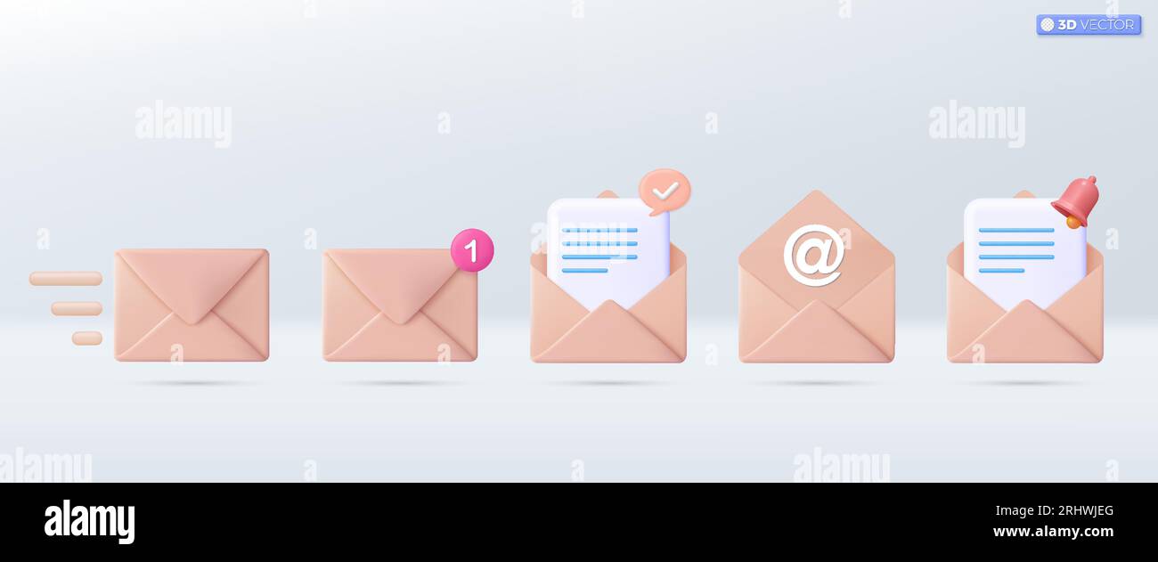 3d Old Rose mail envelope icon set symbol. Render email notification with letters, check mark ...