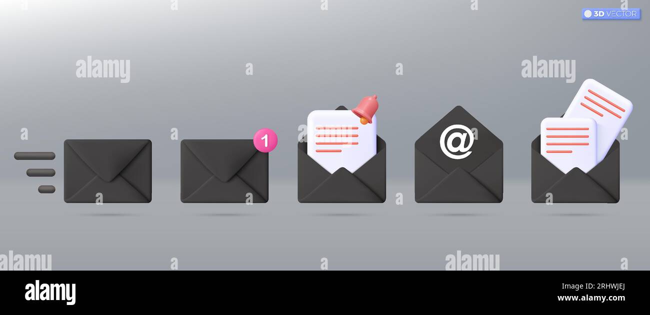 3d black mail envelope icon set symbol. Render email notification with letters, check mark ...