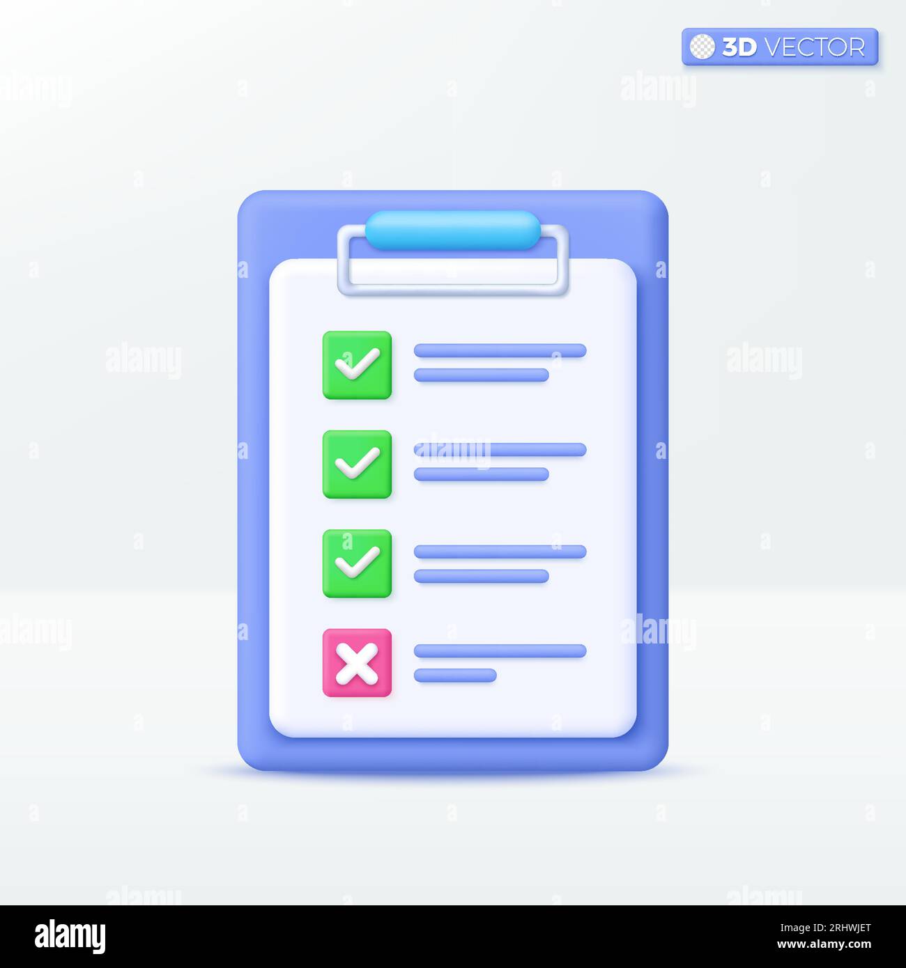 Checklist on 3D clipboard paper icon symbol. Document in test form ...