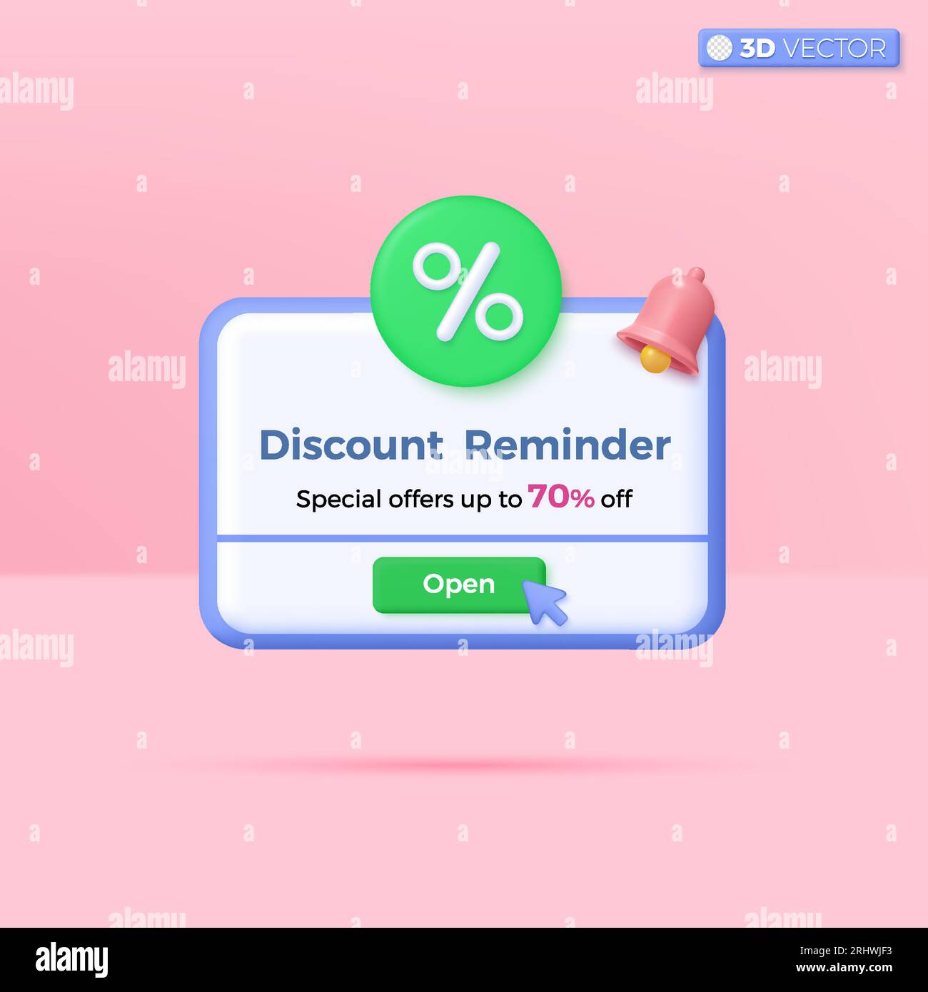 Discount Reminder Notifications Banner Icon Symbols Pop Up Box With Percent Sign And Pink Bell