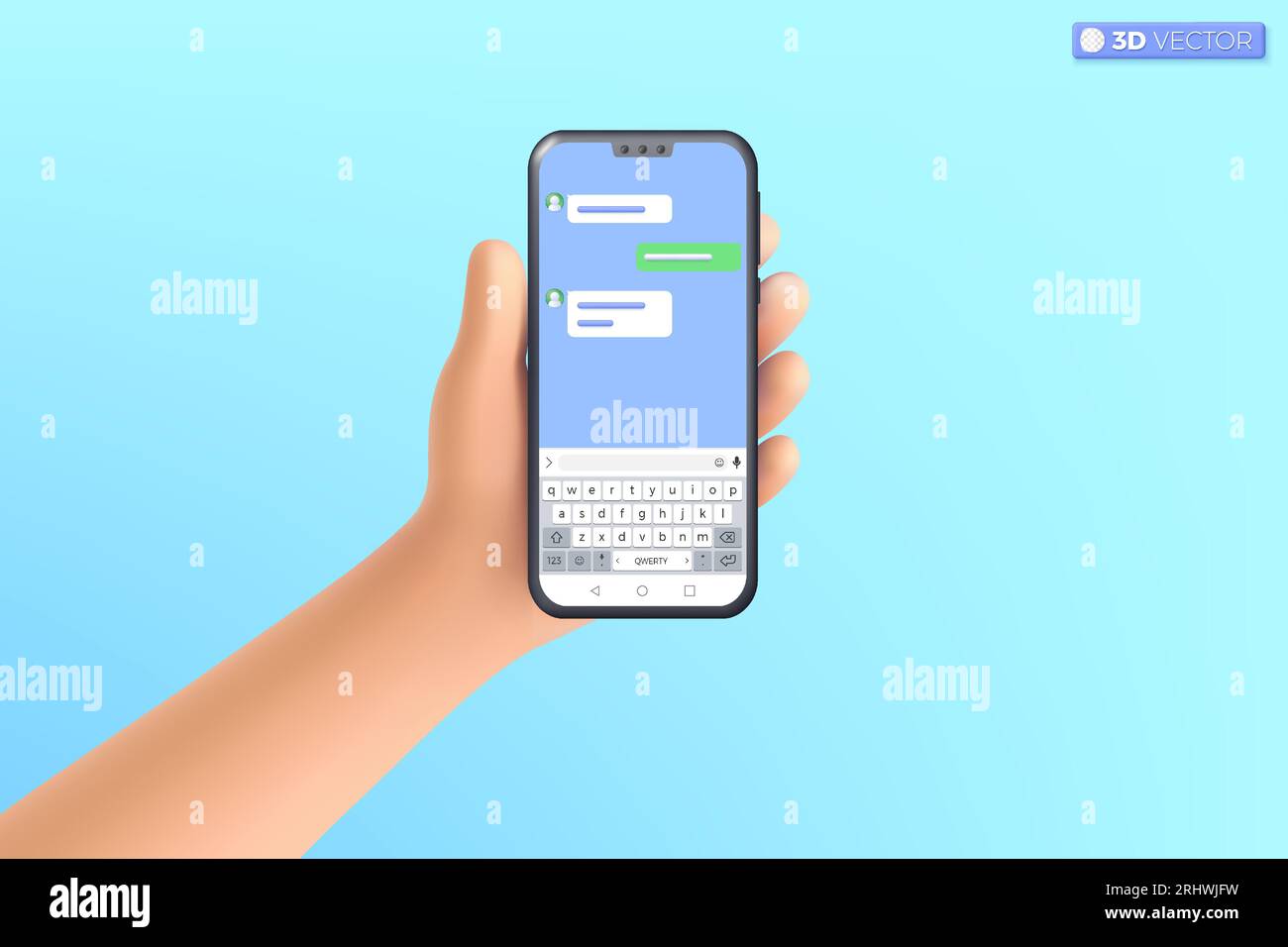 3d hand holding mobile phone chat application icon symbol. Chatting ...