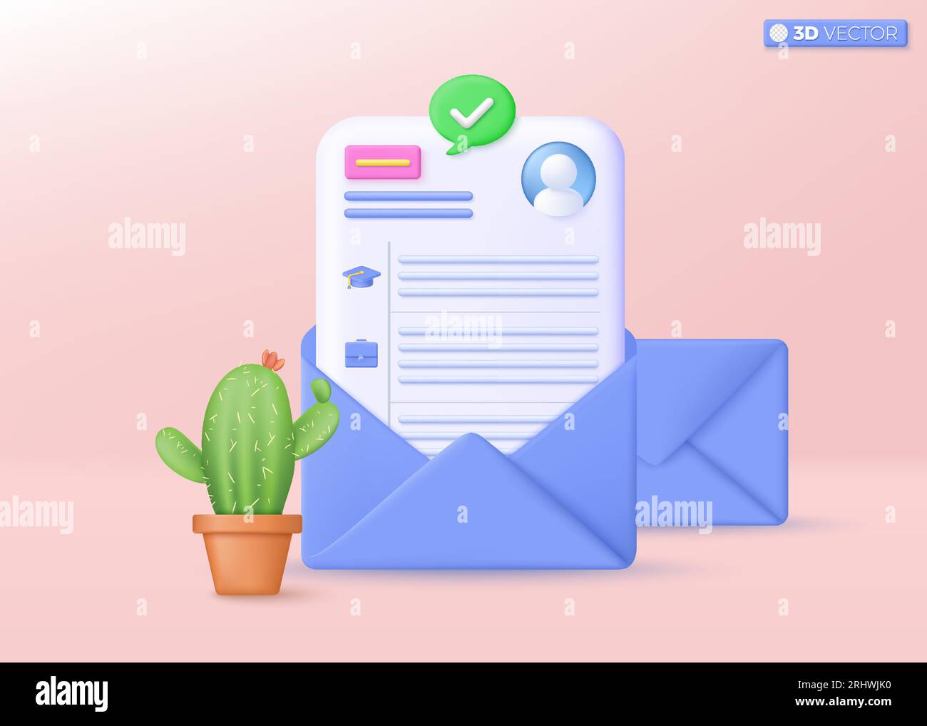 CV Resume in 3D envelope icon symbol. Job search, human resources ...