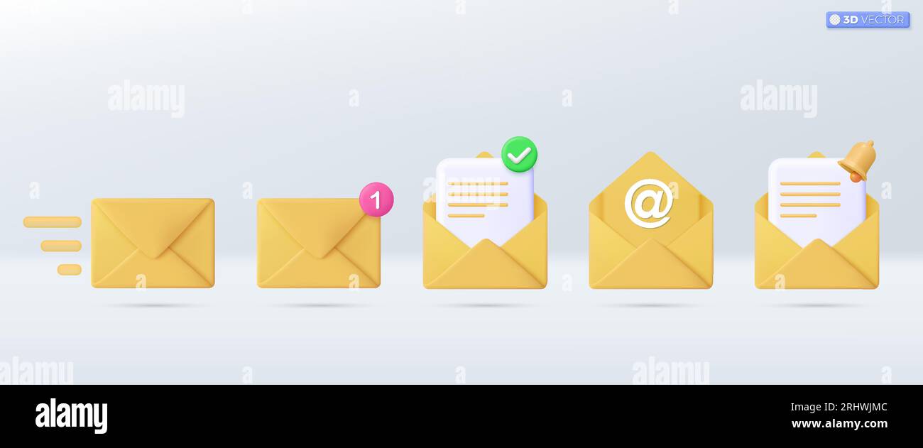 3d Yellow mail envelope icon set symbol. Render email notification with letters, check mark ...
