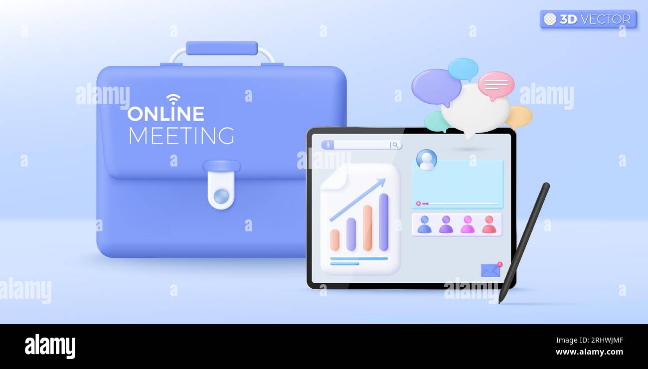 3d online meeting icon symbol. Notebook computer, stacks of book, Graph ...