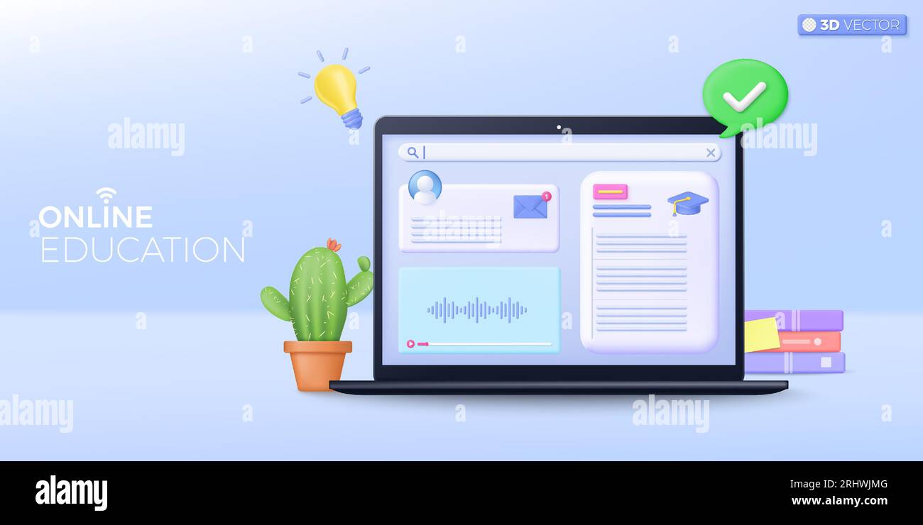 3d online education icon symbol. Noteook computer, stacks of book ...