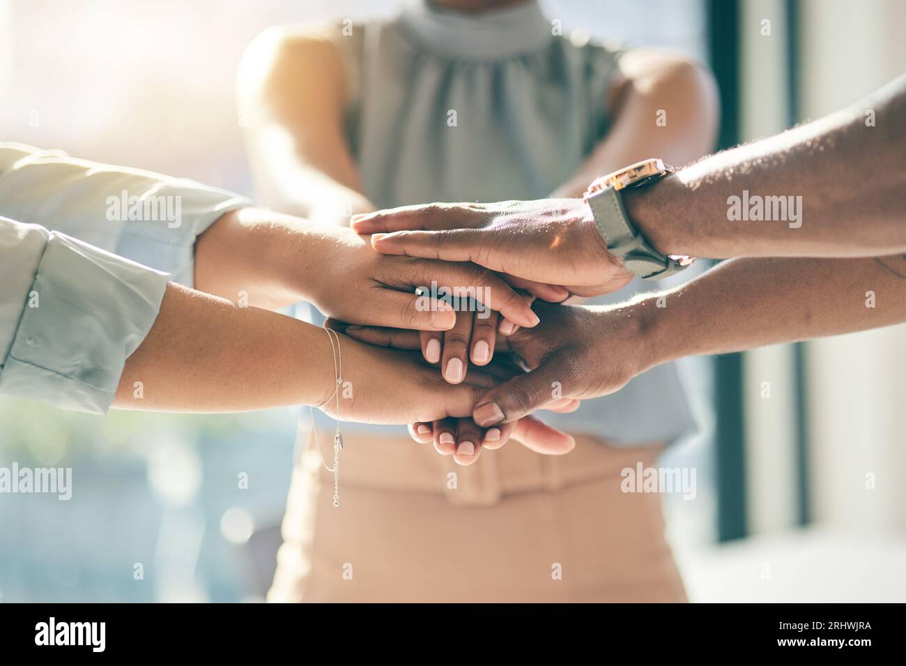 Hands, stack and business people, mission and collaboration with support, target goals and ...