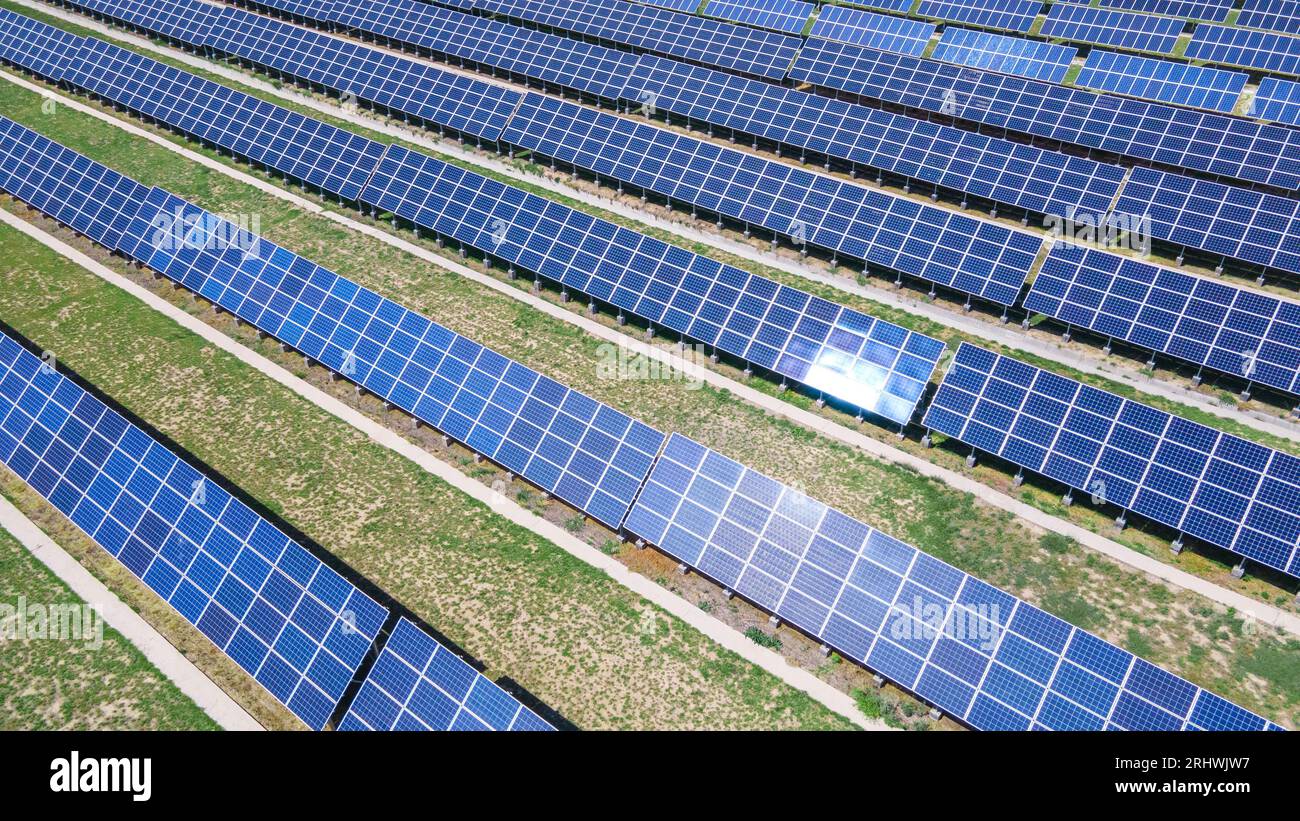 Photovoltaic modules installed on concrete piles. Green energy Stock ...