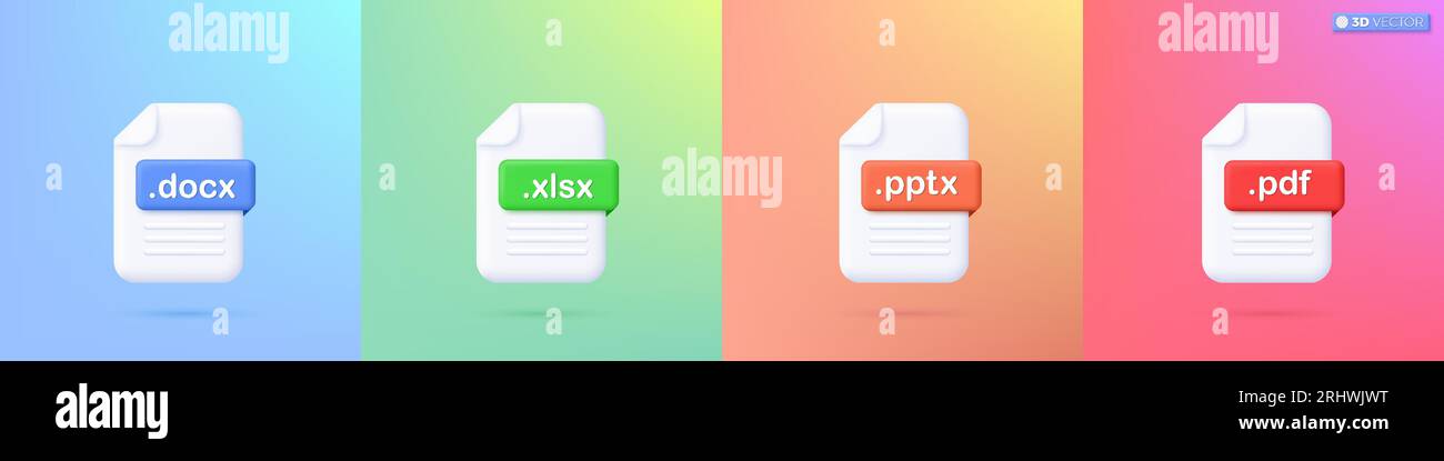 3D File format set icon symbol. Document illustration with colorful badges, docx, xlsx, pptx and ...