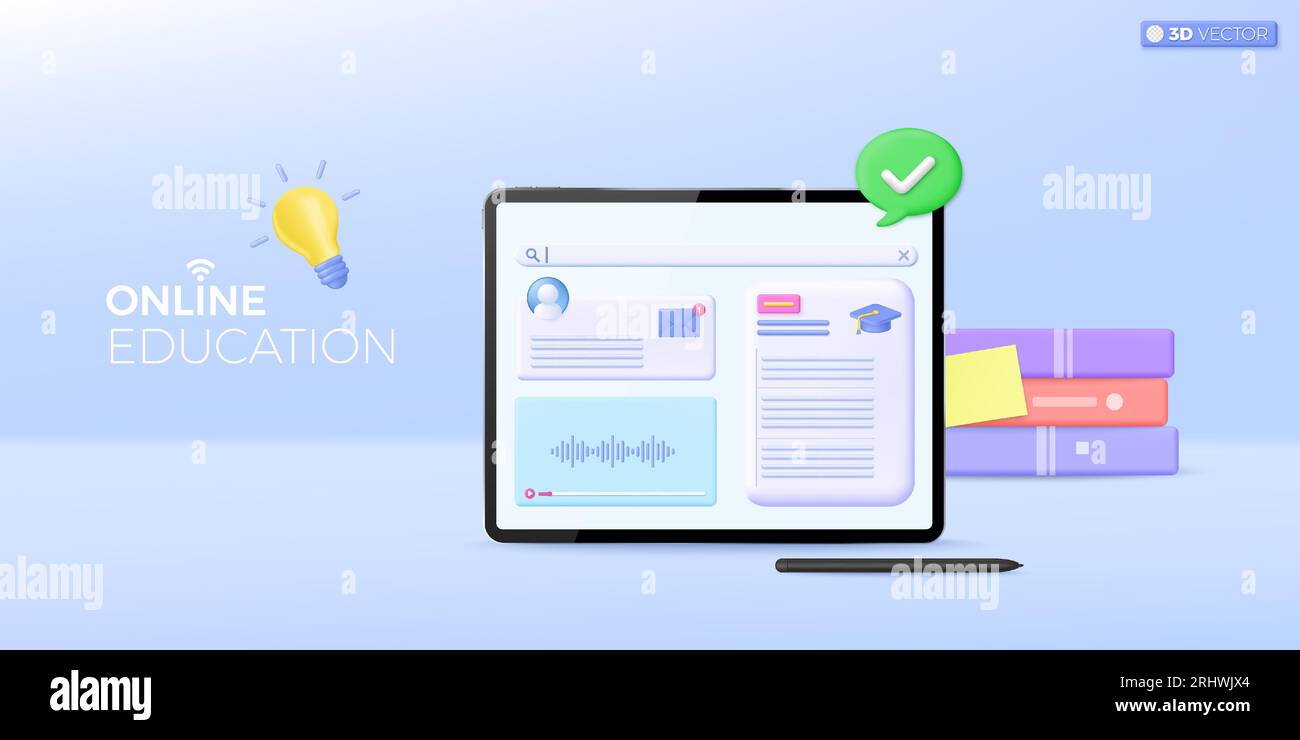 3d online education icon symbol. Tablet computer, stacks of book ...