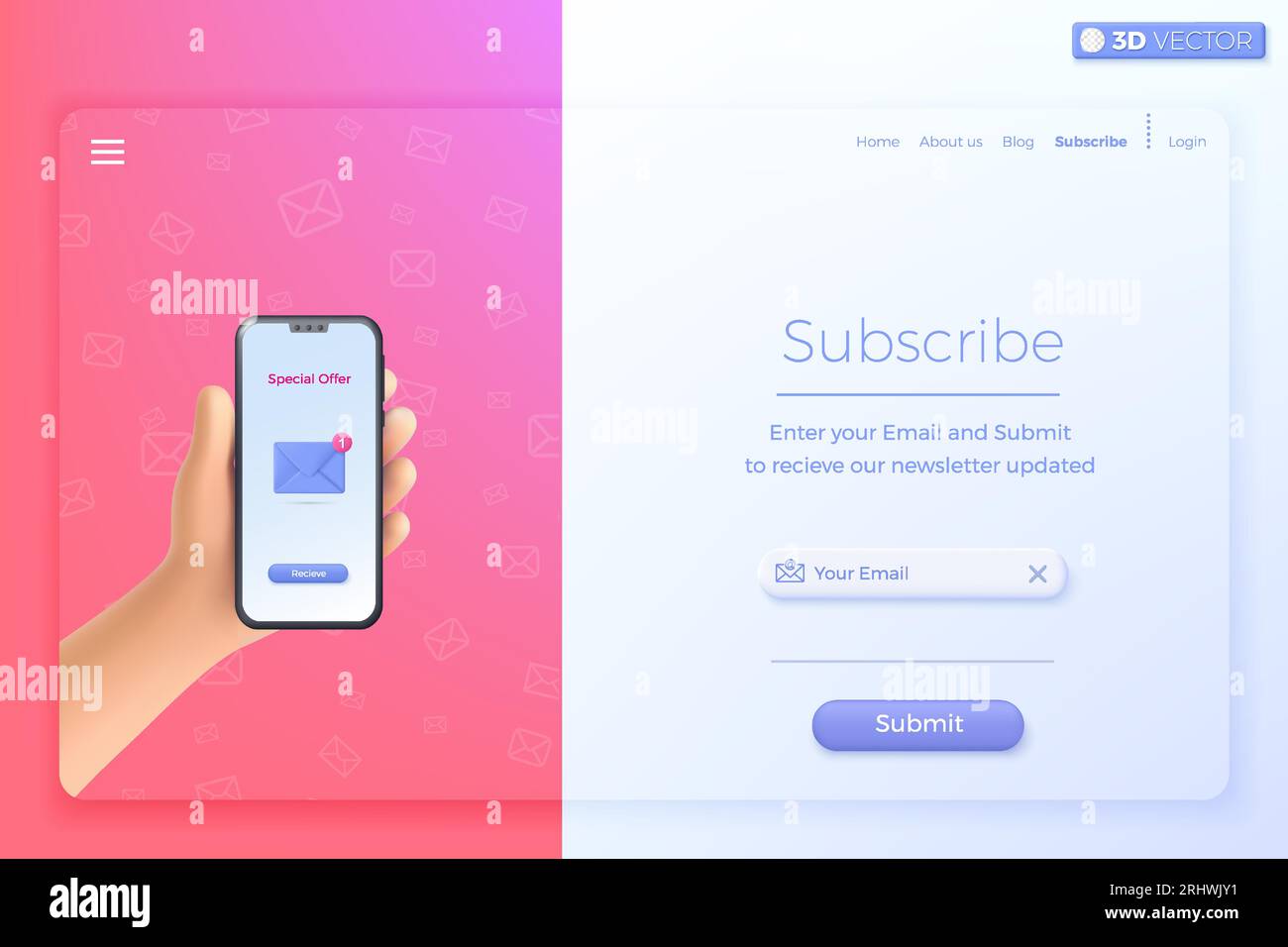 3D Hand holding mobile phone Subscribe to newsletter and promotions ...