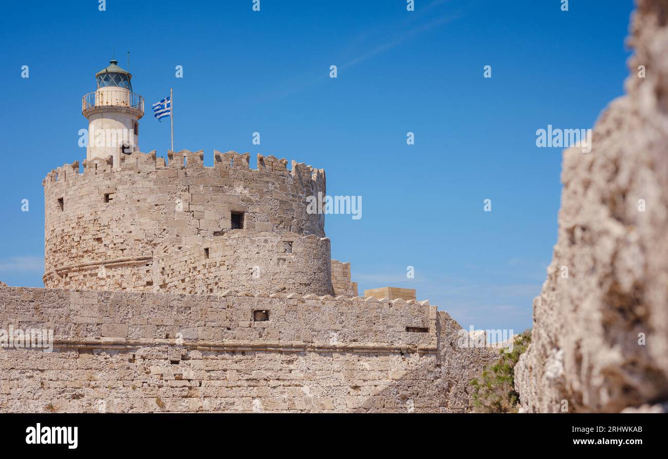 Mandraki port and fort of St. Nicholas. Rhodes, Greece. Hirschkuh ...