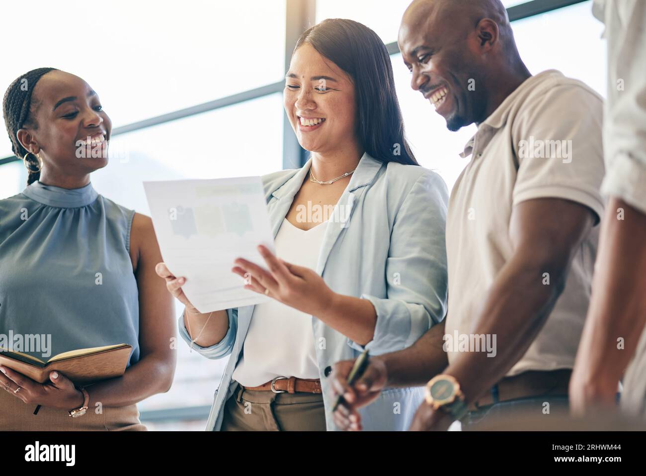 Meeting, business people with happy woman mentor and paperwork for training, motivation and ...