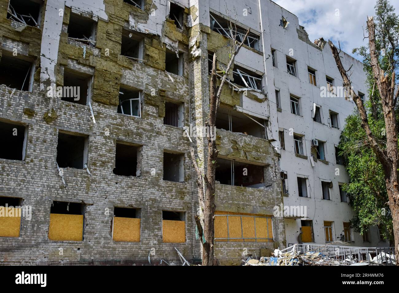View of a destroyed city hospital by the Russian shelling in Huliaipole ...