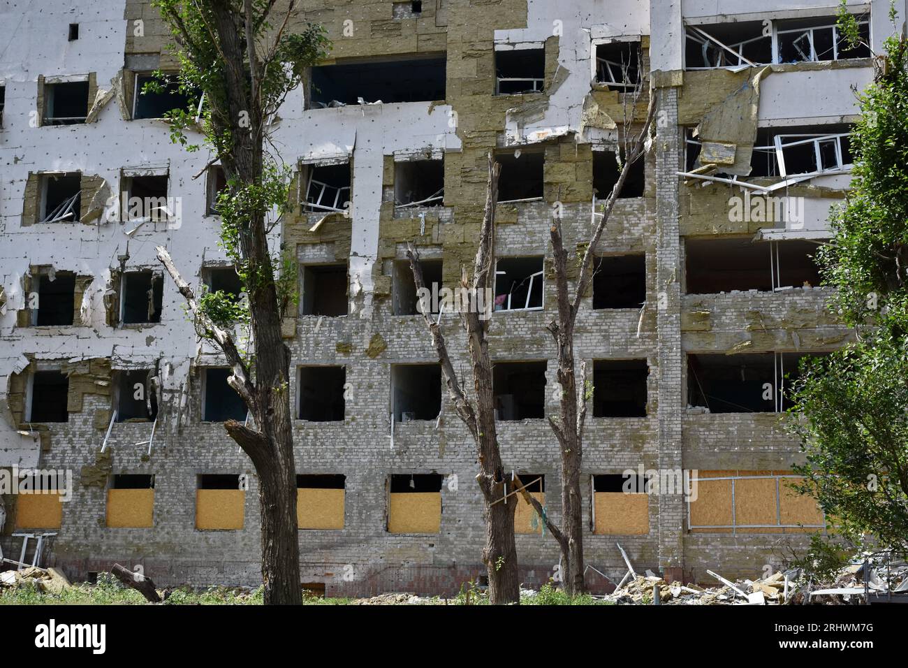 View of a destroyed city hospital by the Russian shelling in Huliaipole ...