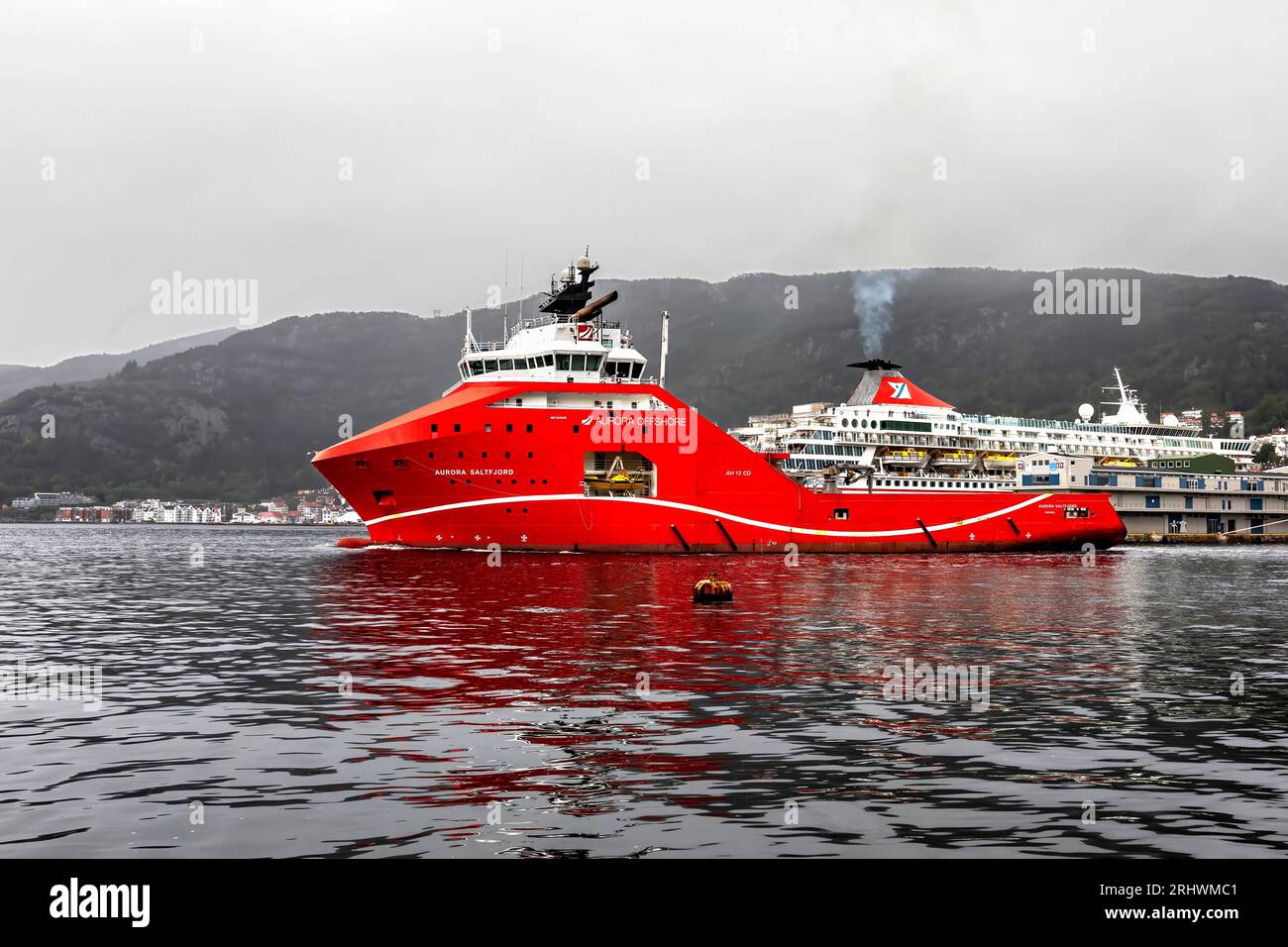 Offshore supply AHTS vessel Aurora Saltfjord at Byfjorden, departing ...
