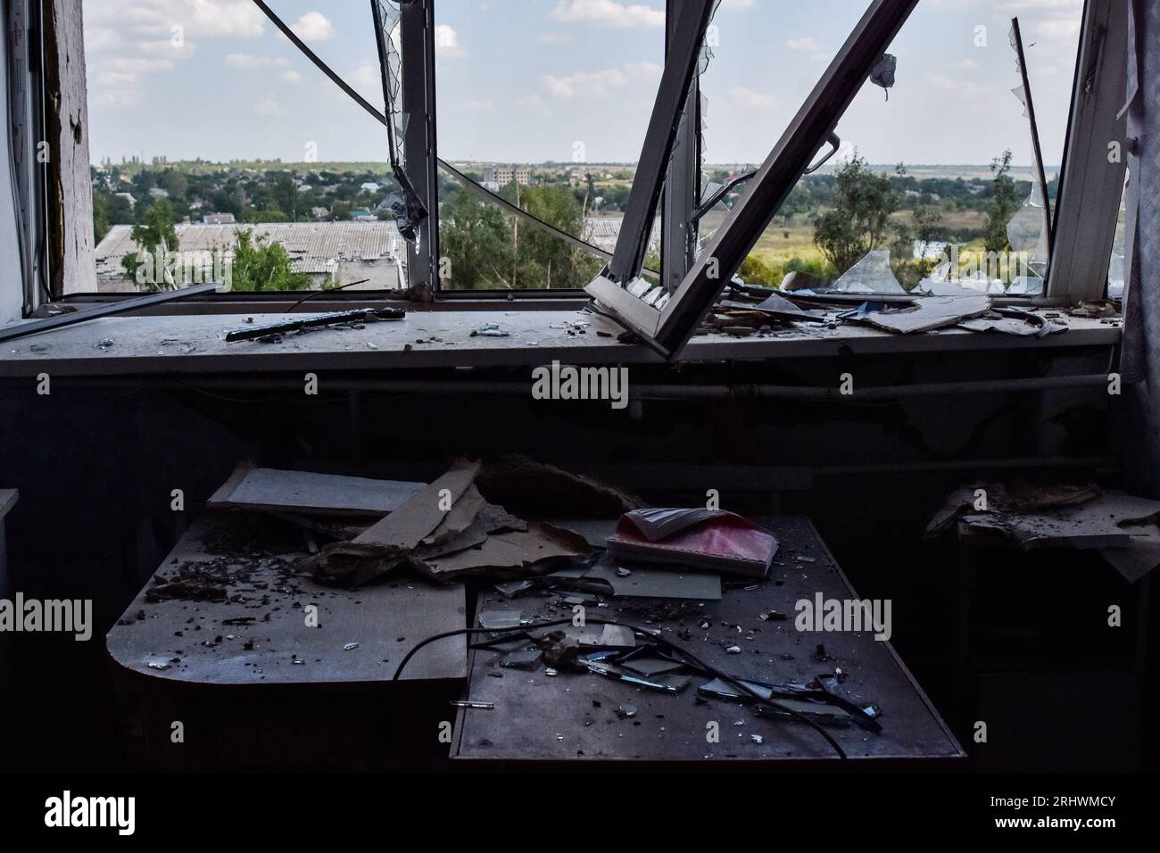 View of a destroyed window of the doctor's office in the city hospital ...