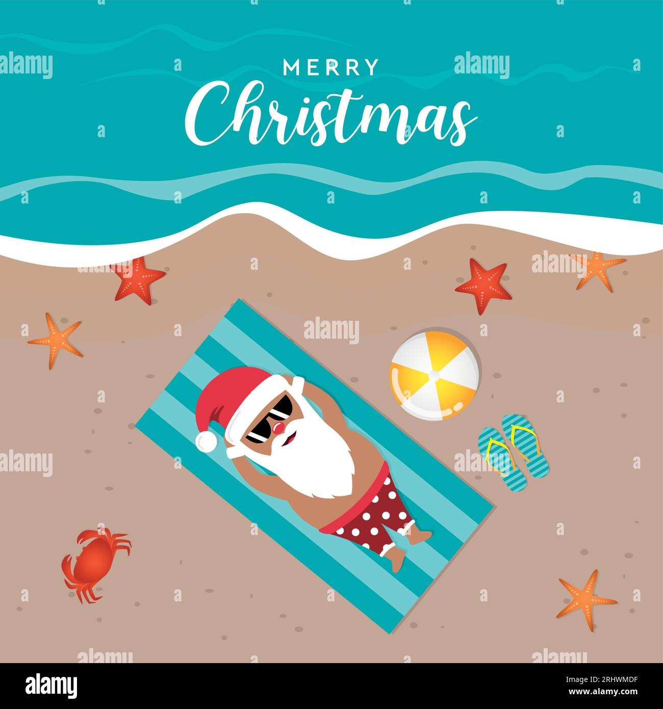 cute santa claus lying on the beach under a palm tree Stock Vector ...