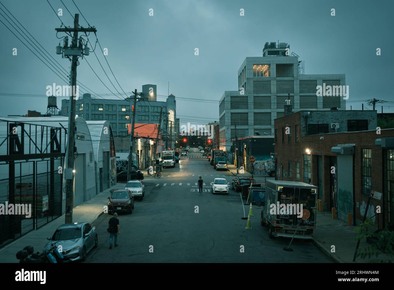 View of Scott Avenue on a cloudy night, Bushwick, Brooklyn, New York ...