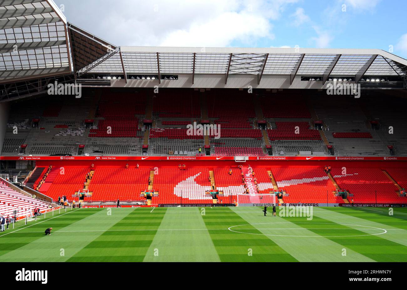 General view of the new upper Anfield Road stand under construction ...