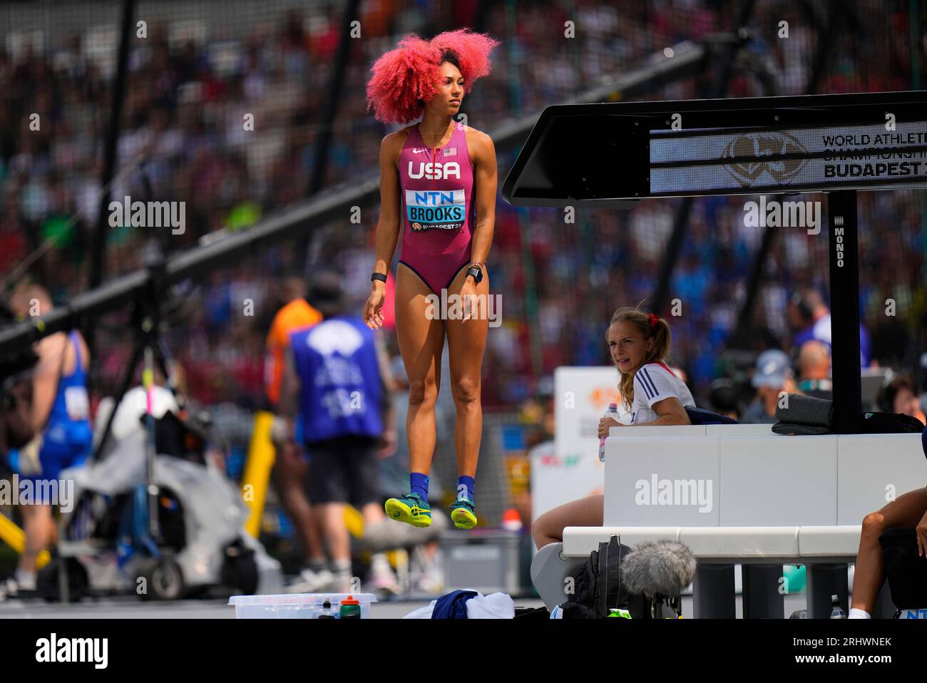 Taliyah Brooks, of the United States limbers-up as she prepares to ...