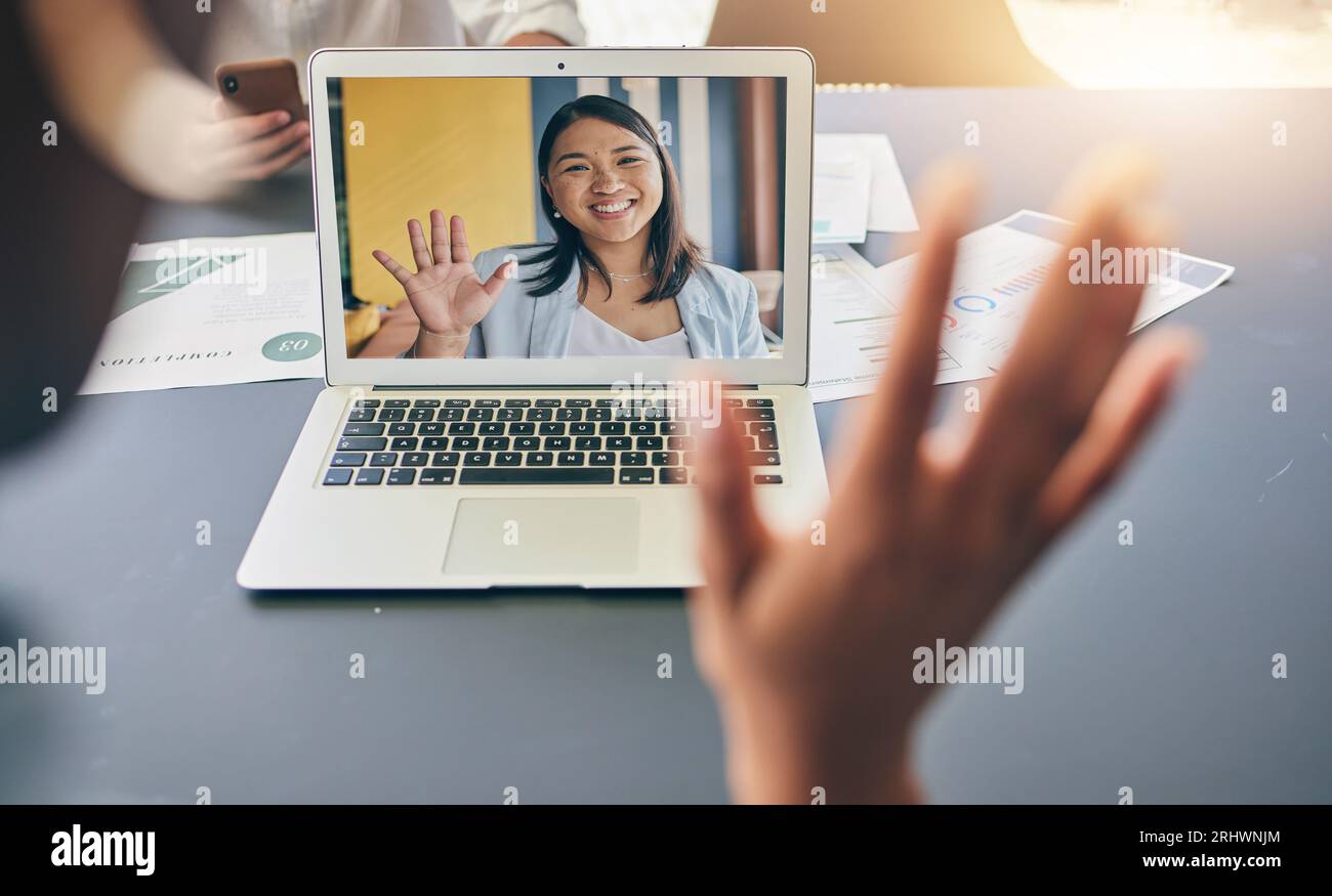Laptop screen, video call or happy business people wave hello in office ...
