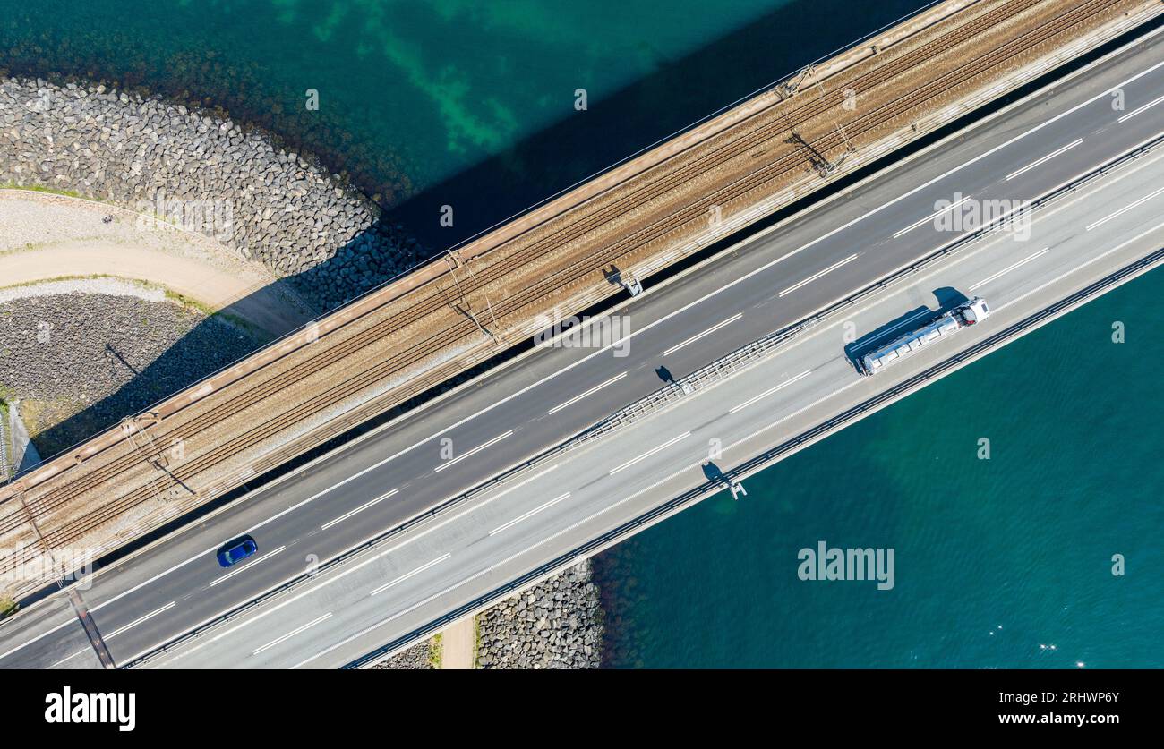 aerial view of the Great Belt Bridge in Denmark. It connects the ...