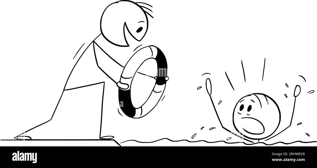 Help to Drowning Person, Vector Cartoon Stick Figure Illustration Stock ...