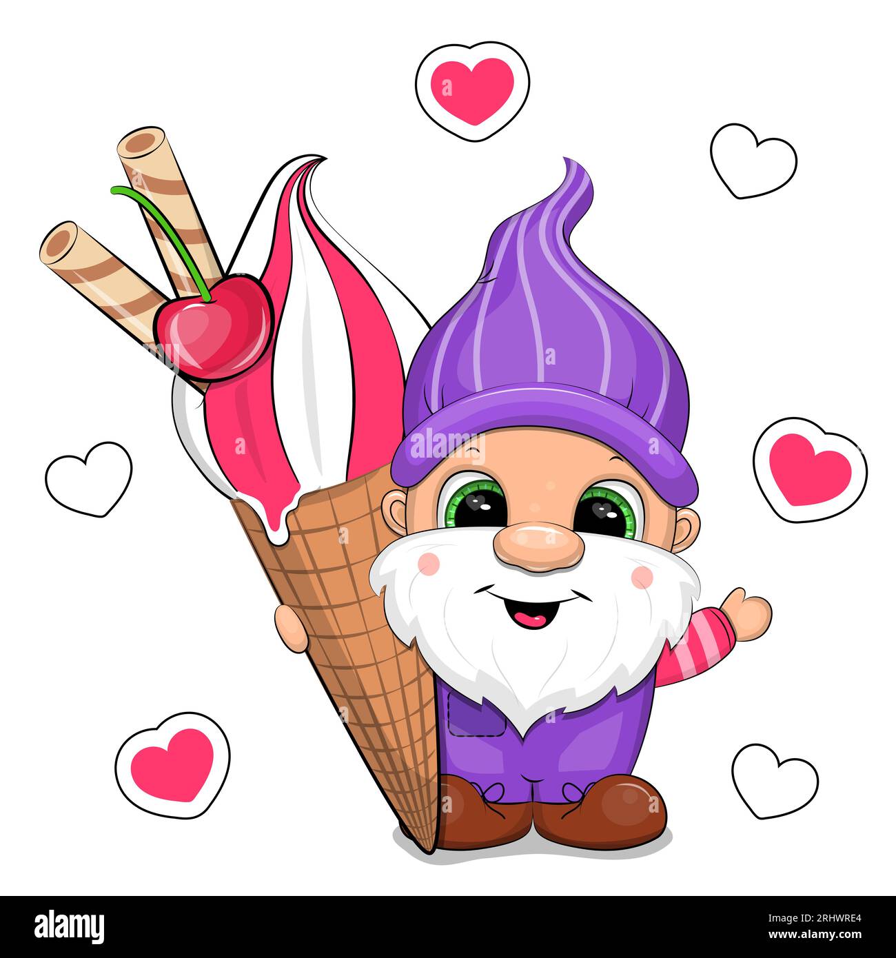 A cute cartoon gnome is holding a big ice cream. Summer vector ...