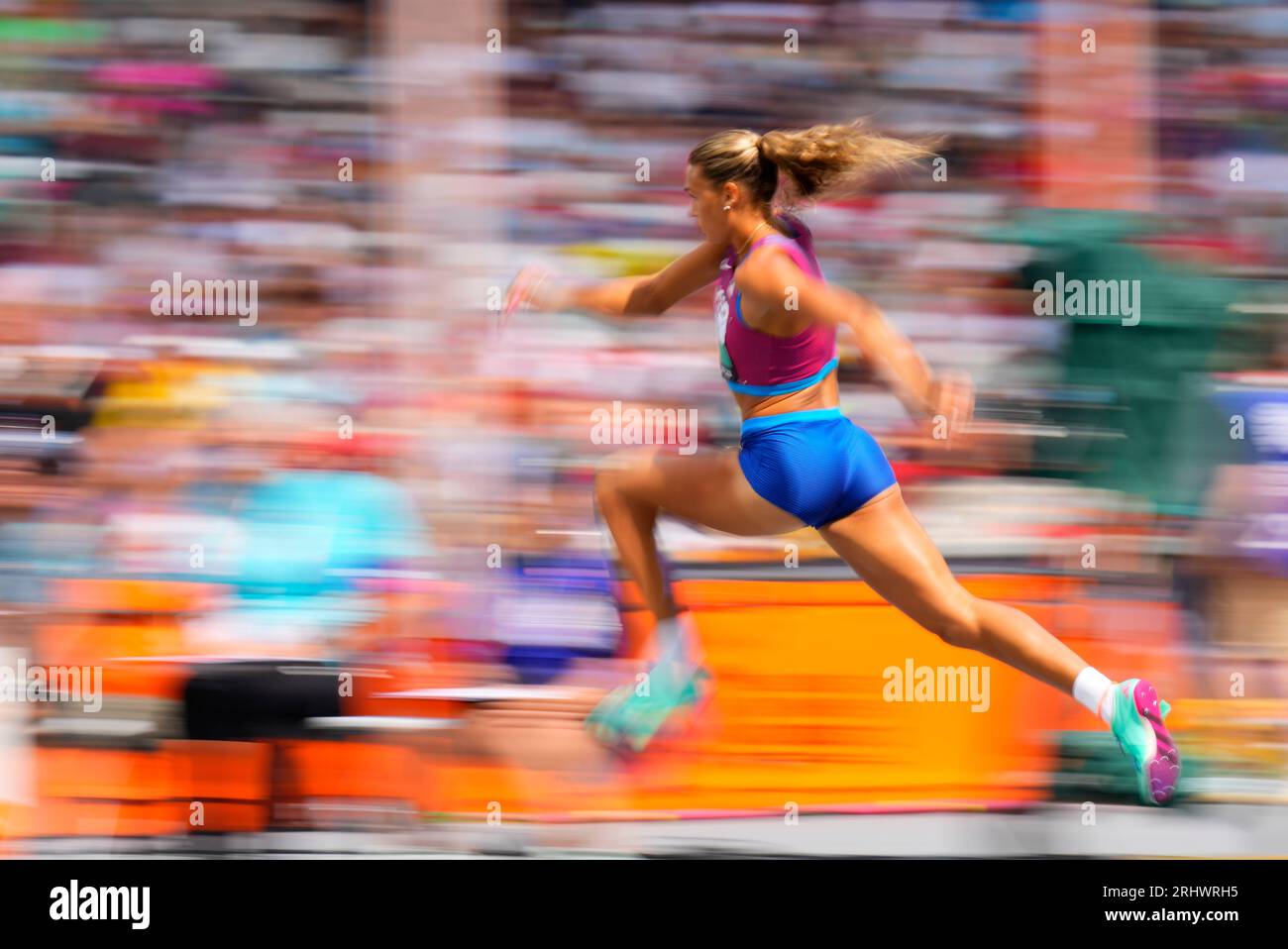 Anna Hall, of the United States competes in the heptathlon high jump ...