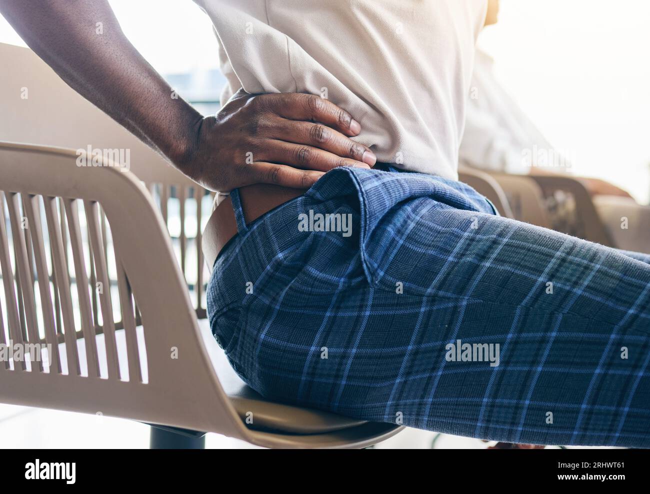 Pain, injury and person at work with fibromyalgia, bad posture and ...