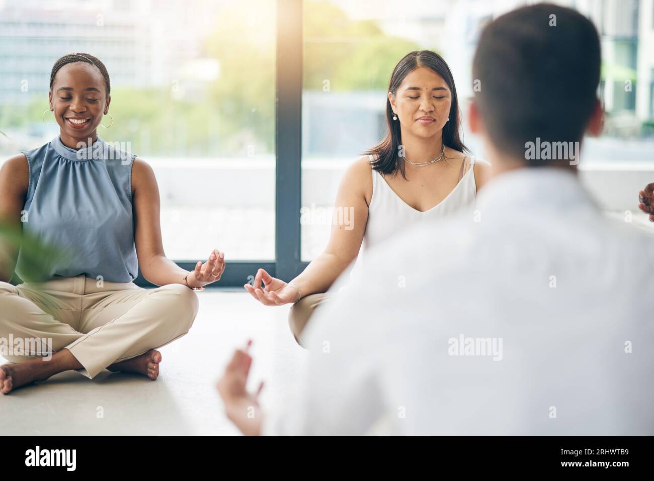 Office meditation, calm and business people together for wellness and ...