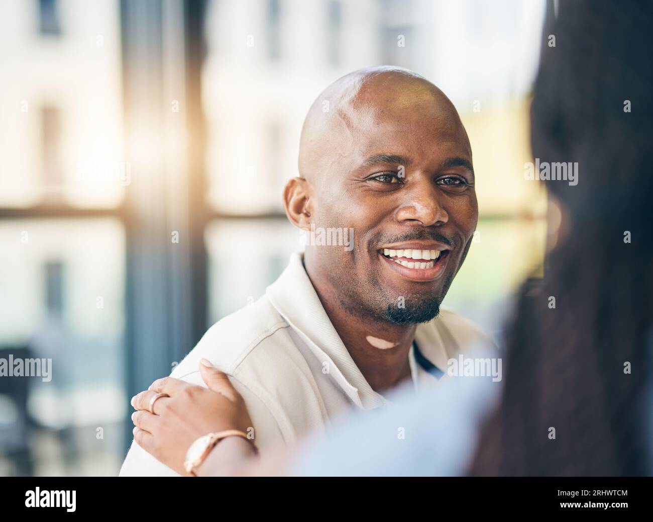 Support, businessman and woman with hand on shoulder in care, kindness ...