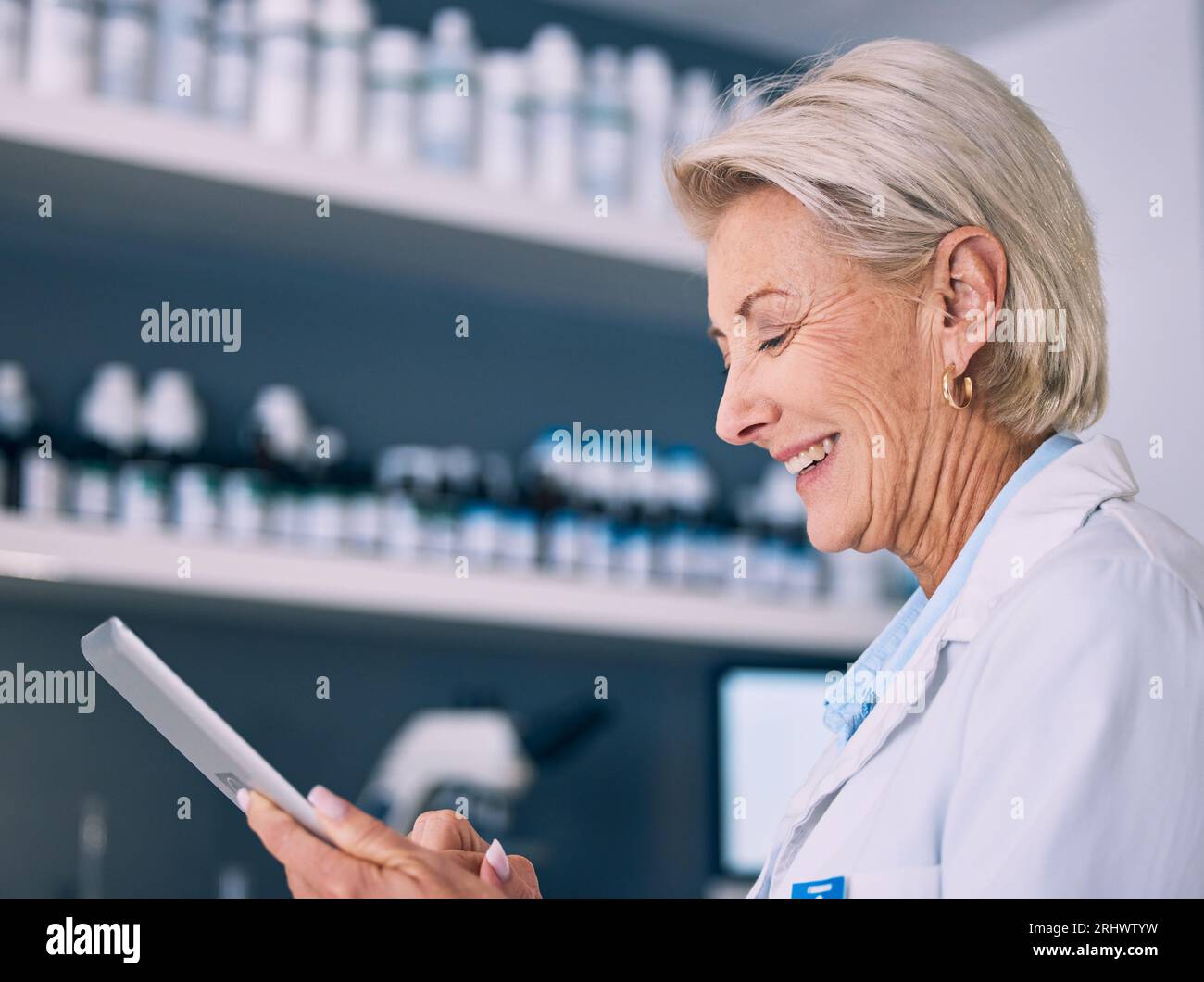 Science, tablet and smile with woman in laboratory for research ...