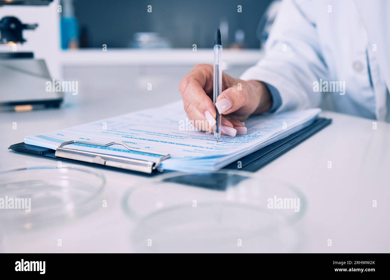 Science, hand of woman in laboratory and checklist with results ...