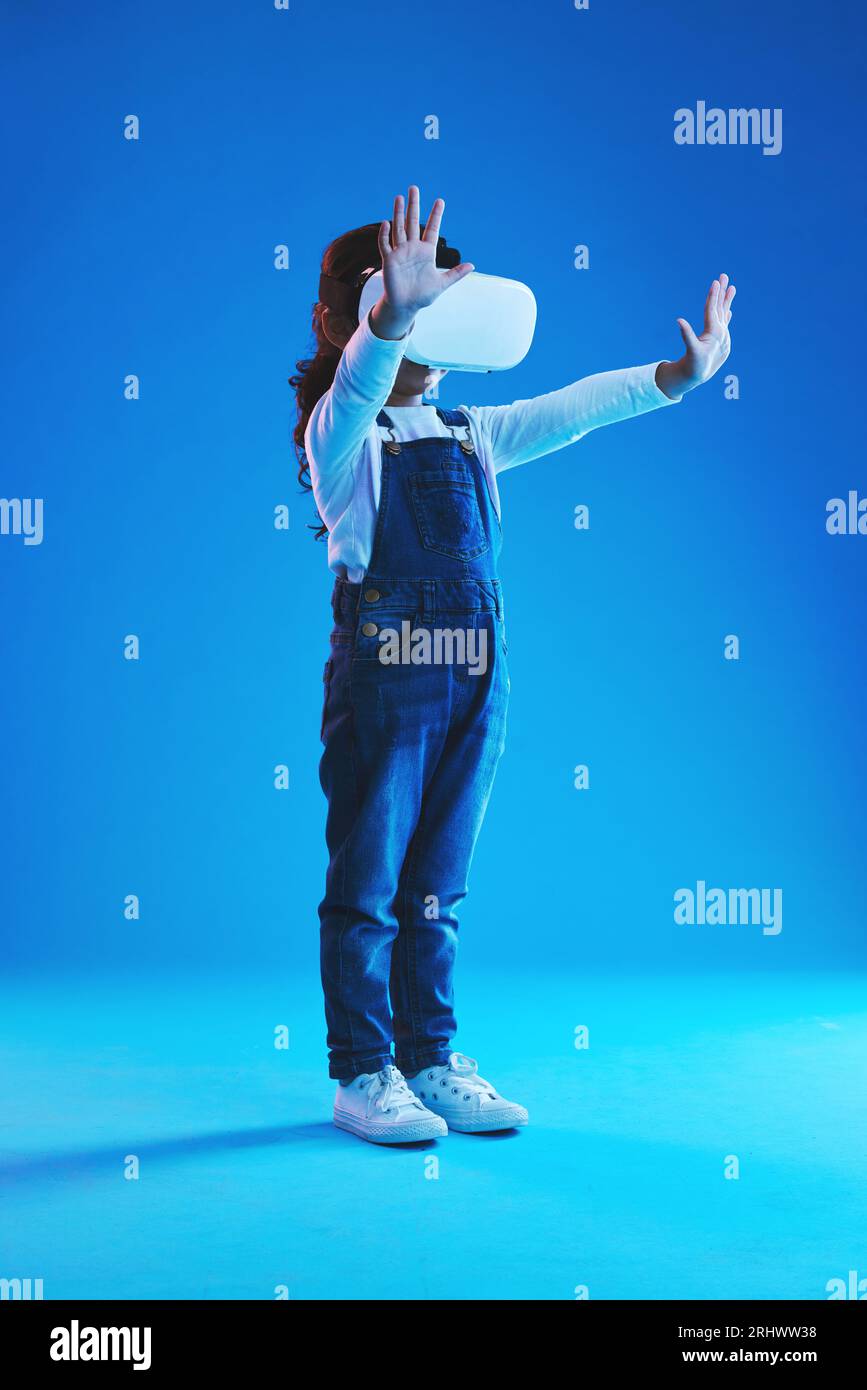 Metaverse, girl and kid virtual reality glasses, futuristic or online ...