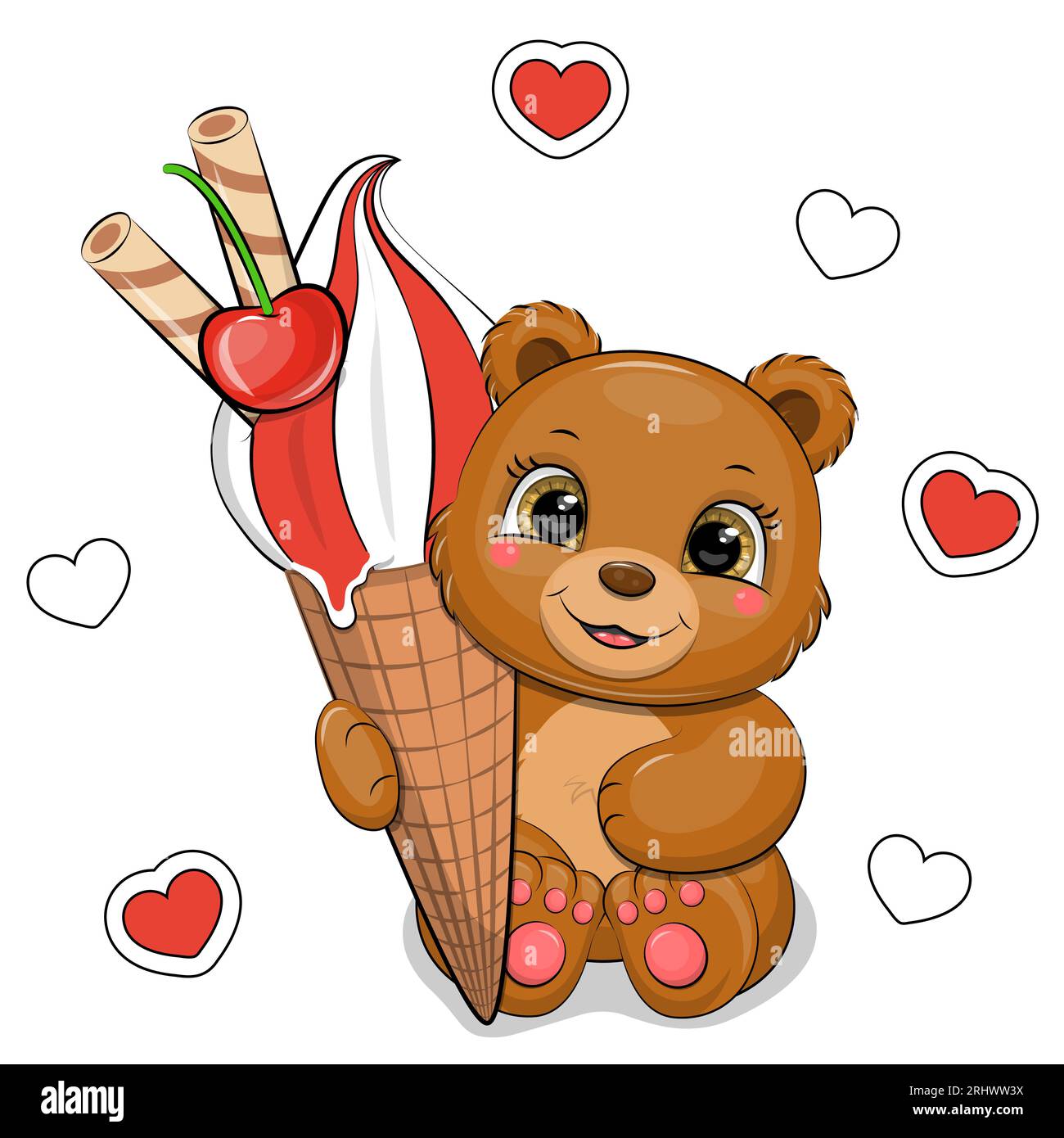 Cute cartoon brown bear with big ice cream. Summer animal vector ...