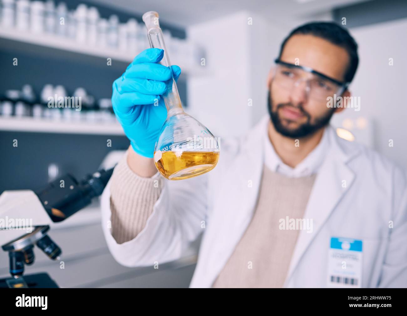 Science laboratory, chemical analysis and man check medicine progress ...