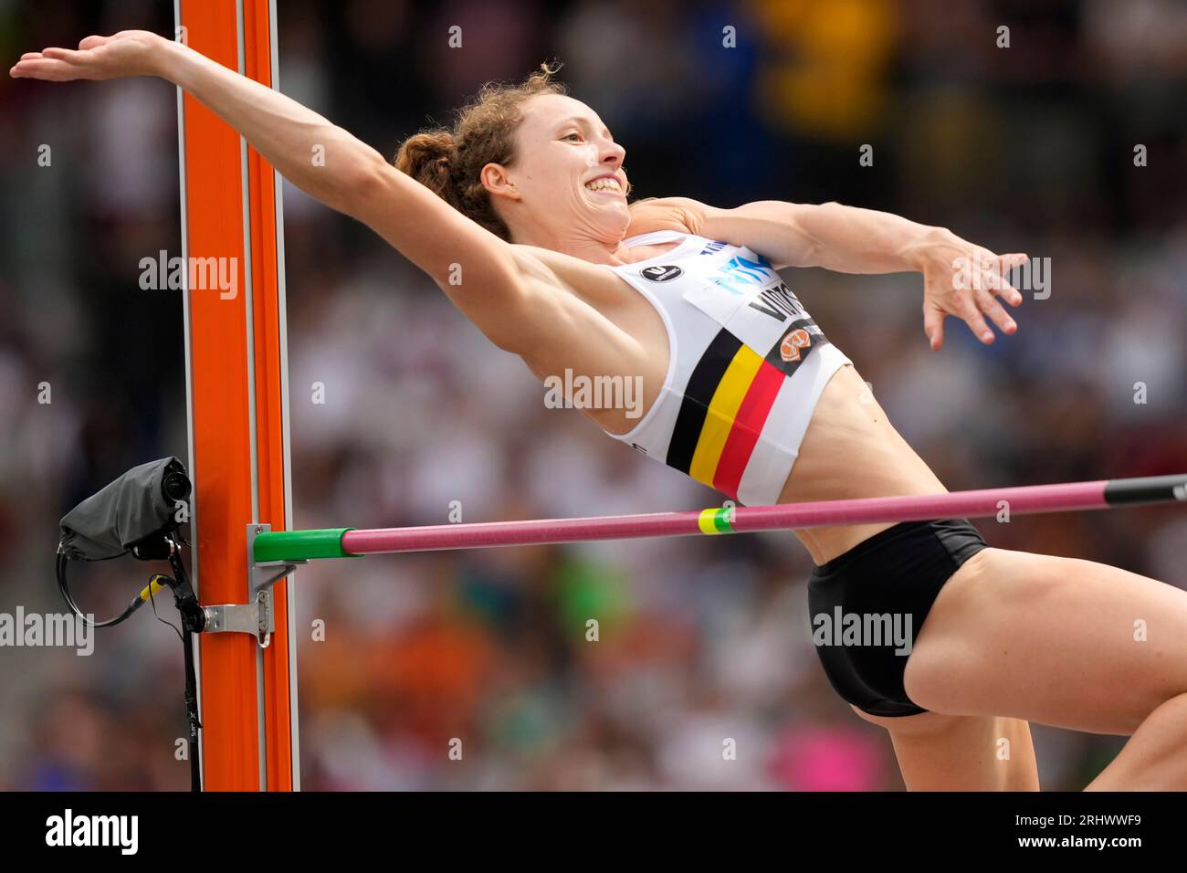 Noor Vidts, of Belgium, makes an attempt in the Women's heptathlon high ...