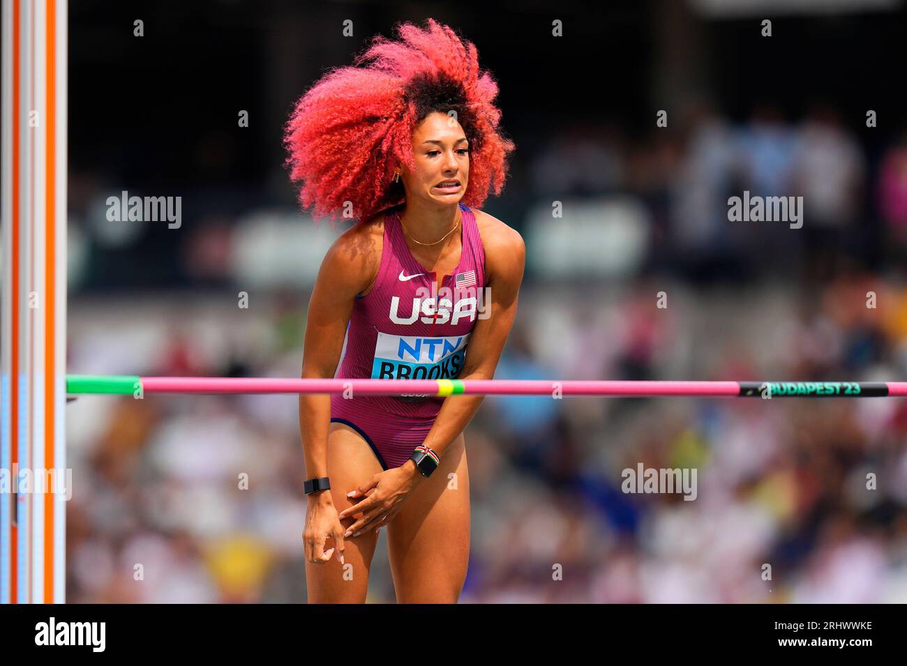 Taliyah Brooks, of the United States reacts after making a clearance in ...