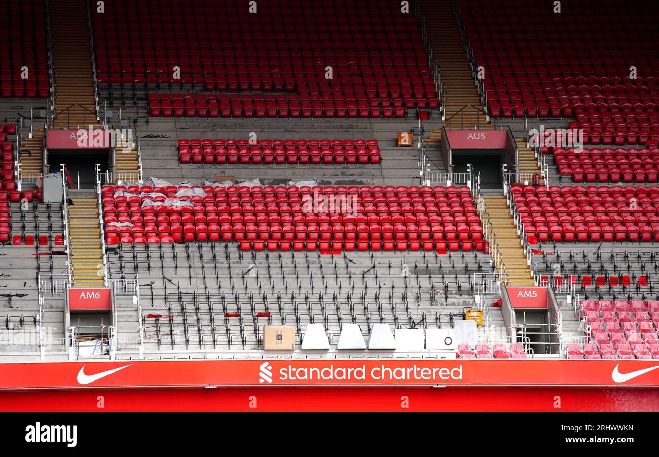 General view of the new upper Anfield Road stand under construction ...