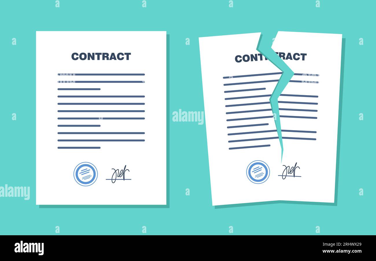 Contract with seal and signature and Broken contract, torn paper document. Breach of agreement ...