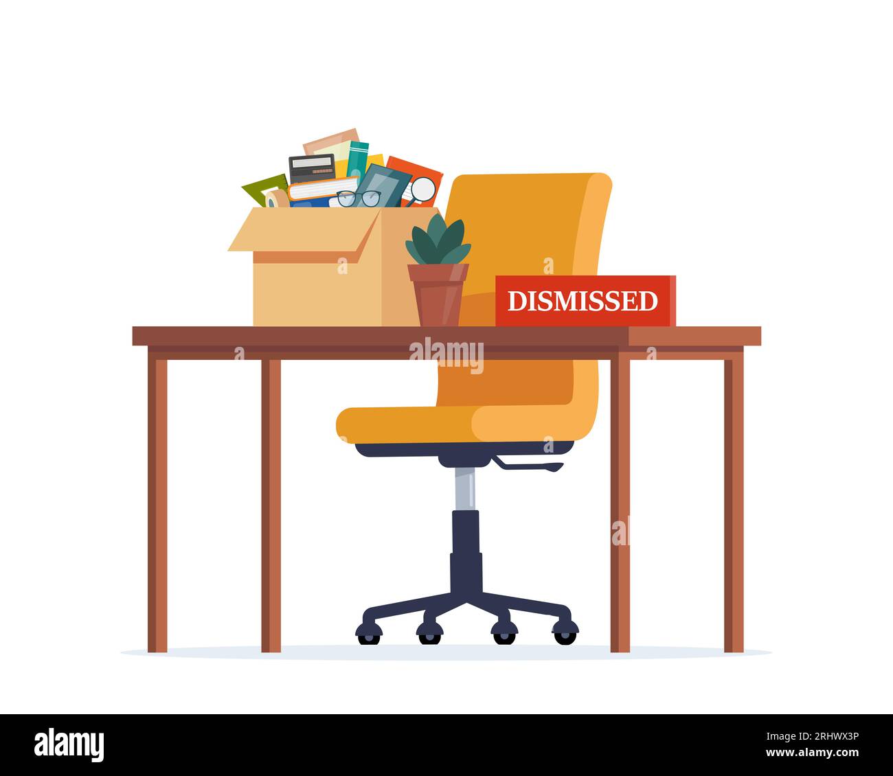 Office workplace and box with office things. Dismissed. Fired from job ...