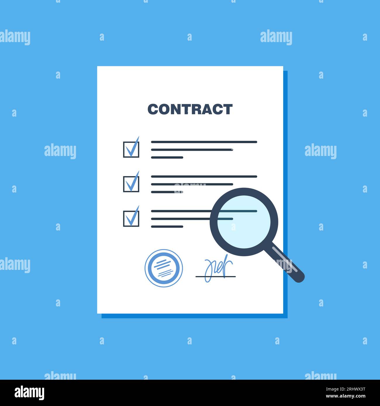 Document analysis or audit. Contract review concept. Magnifying glass ...