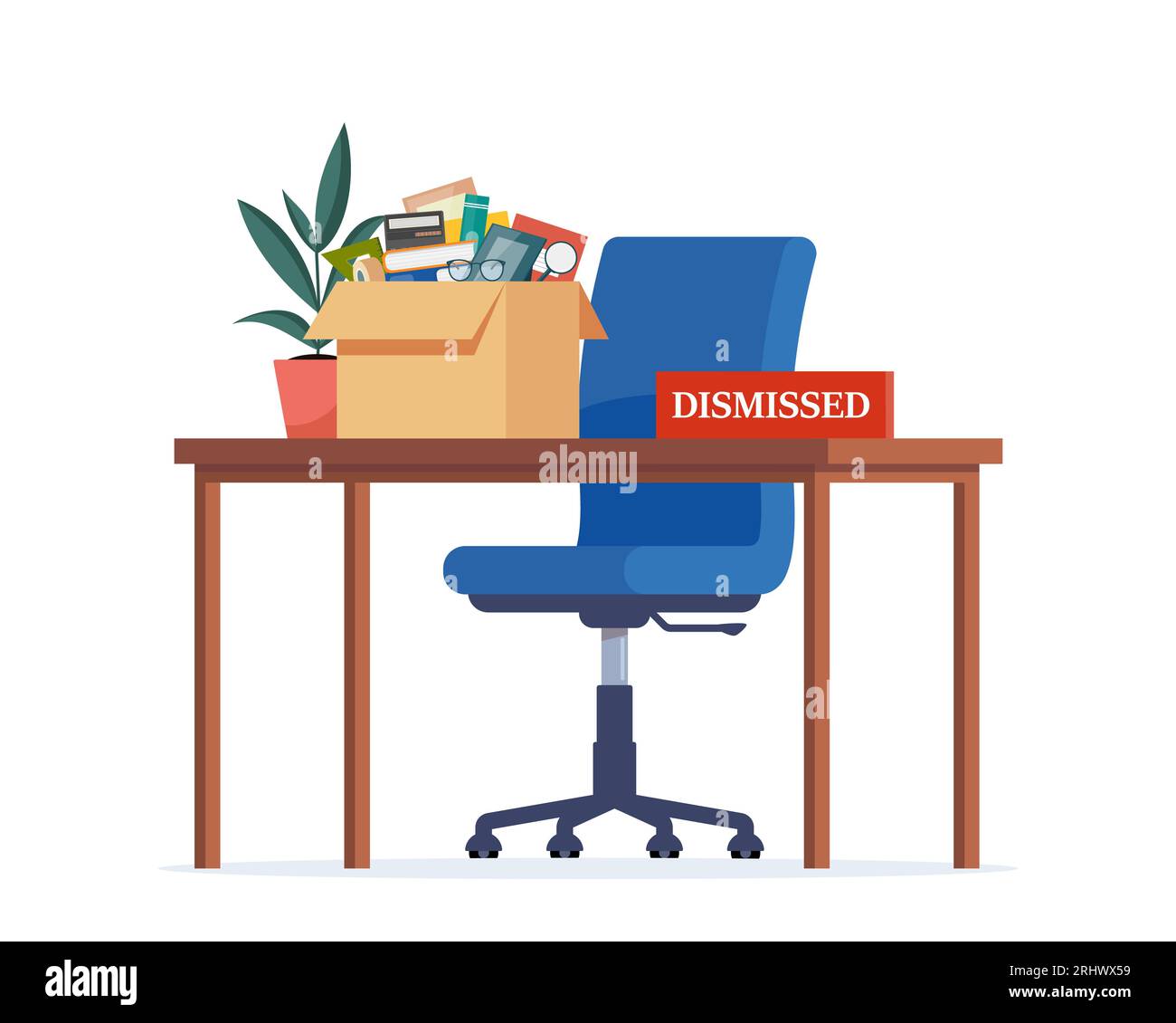 Office workplace and box with office things. Dismissed. Fired from job ...