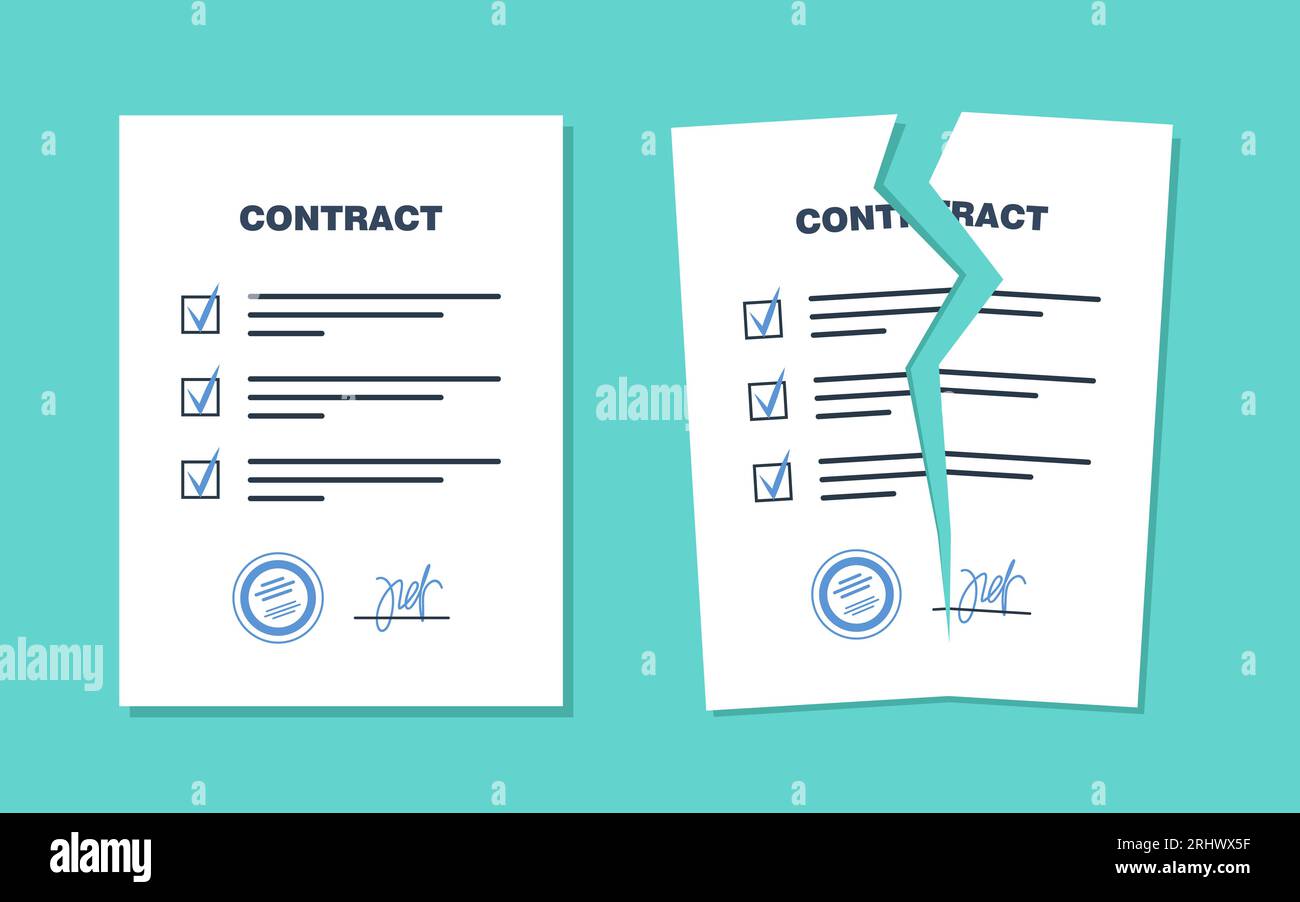 Contract with seal and signature and Broken contract, torn paper ...