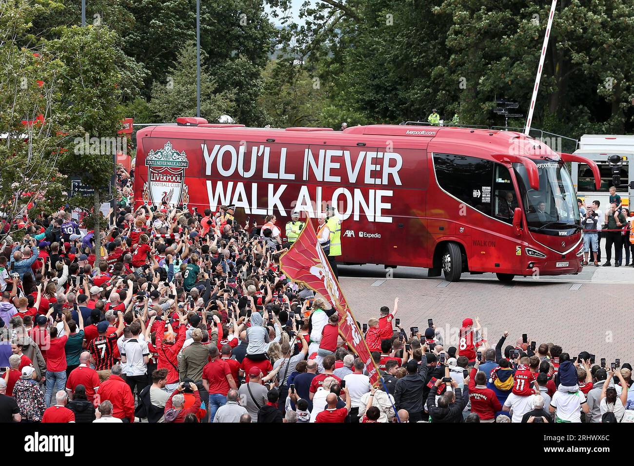 Liverpool, UK. 19th Aug, 2023. The Liverpool team bus arrives at the ...